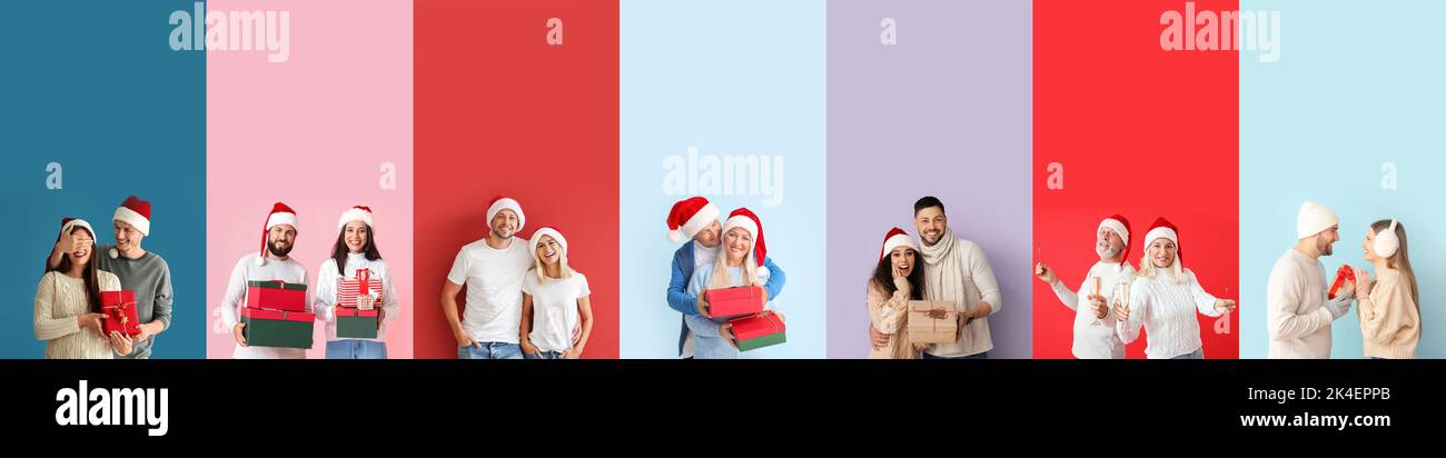 Set of happy couples celebrating Christmas and New Year on color ...