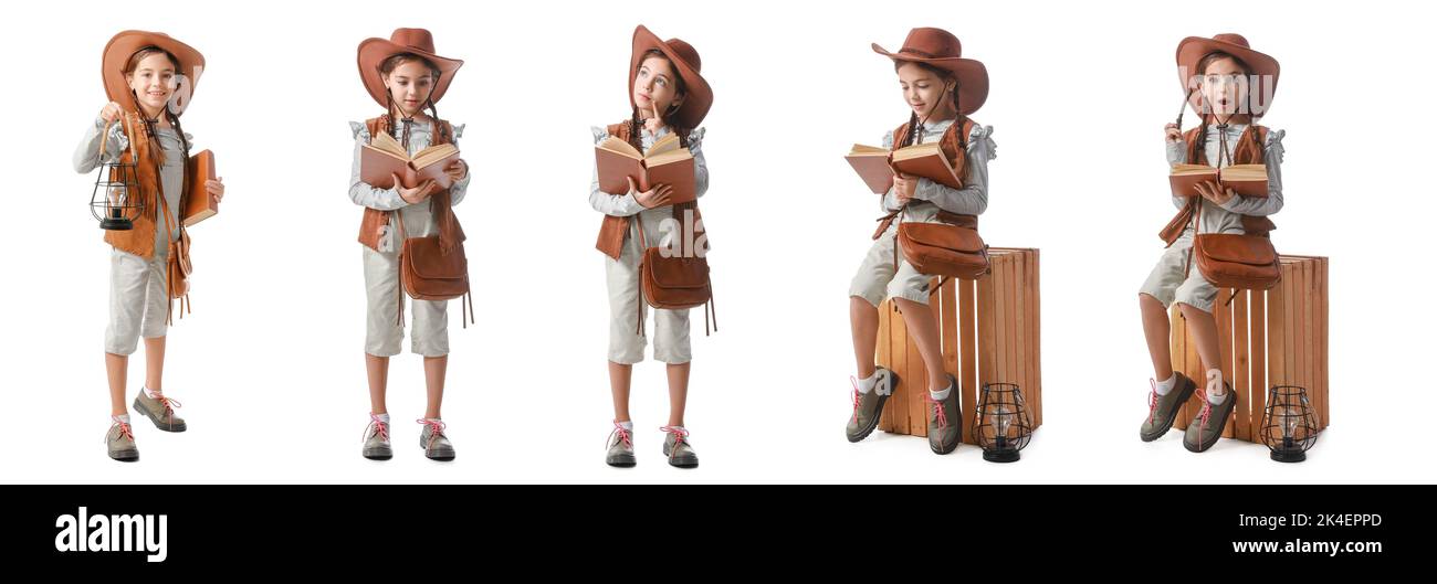 Set of cute little adventurer with book on white background Stock Photo ...