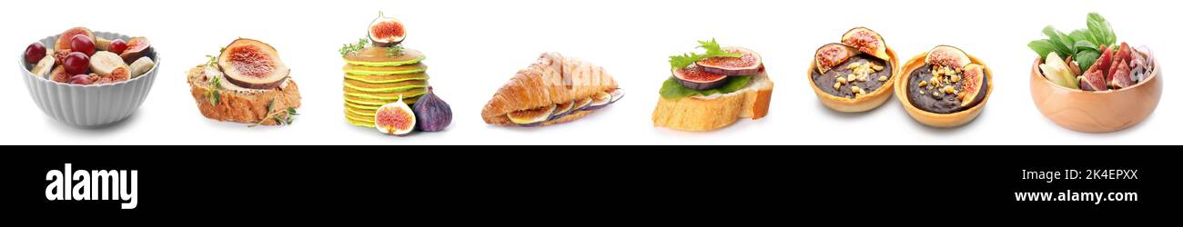 Collage of different food with tasty figs on white background Stock ...