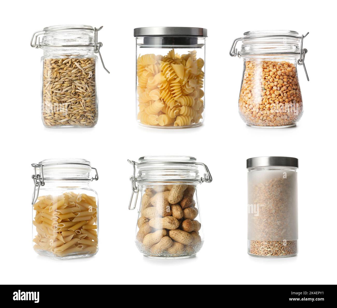 Collage of glass jars with different raw products on white background ...
