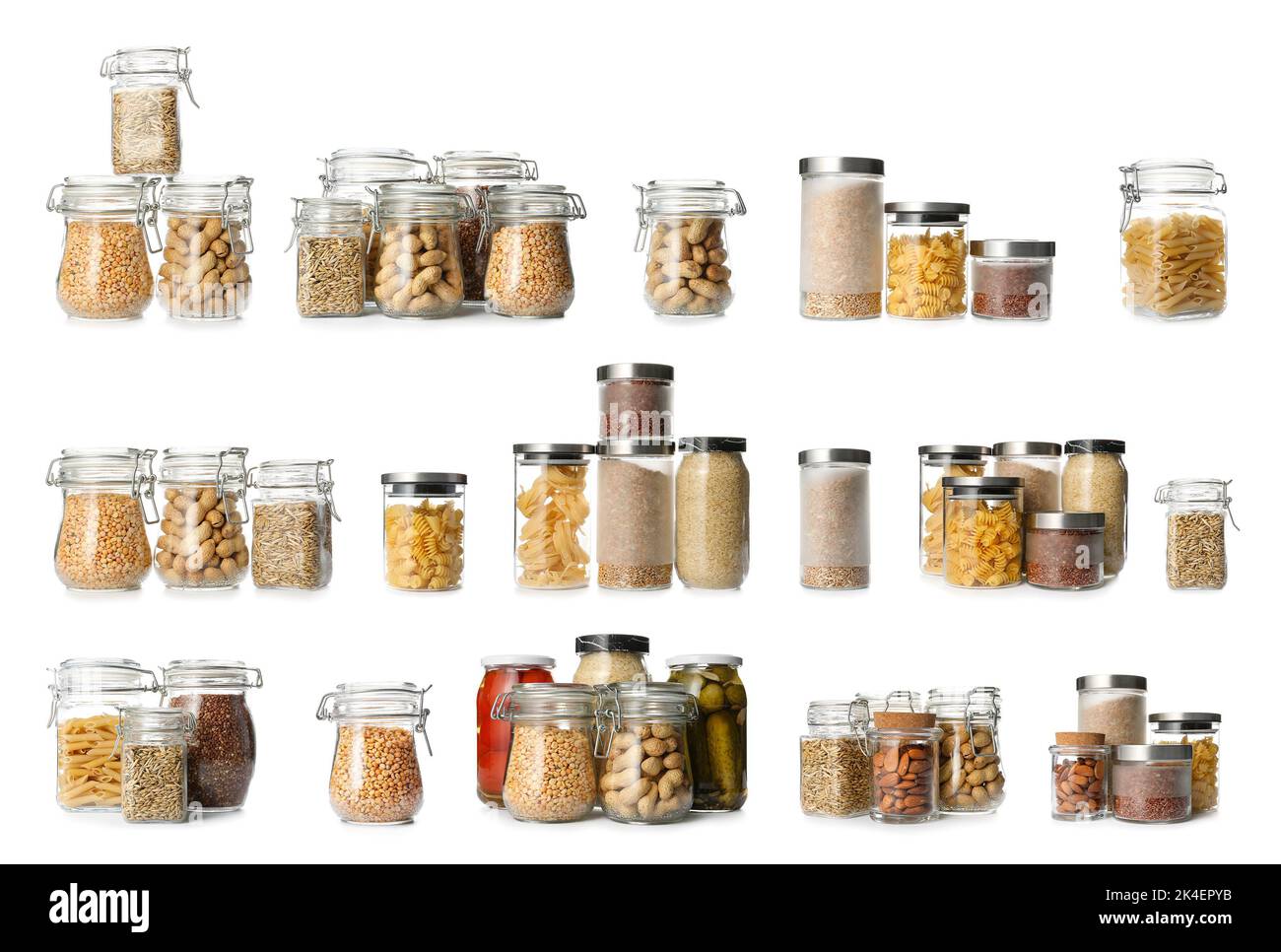 Collection of glass jars with different raw products on white ...