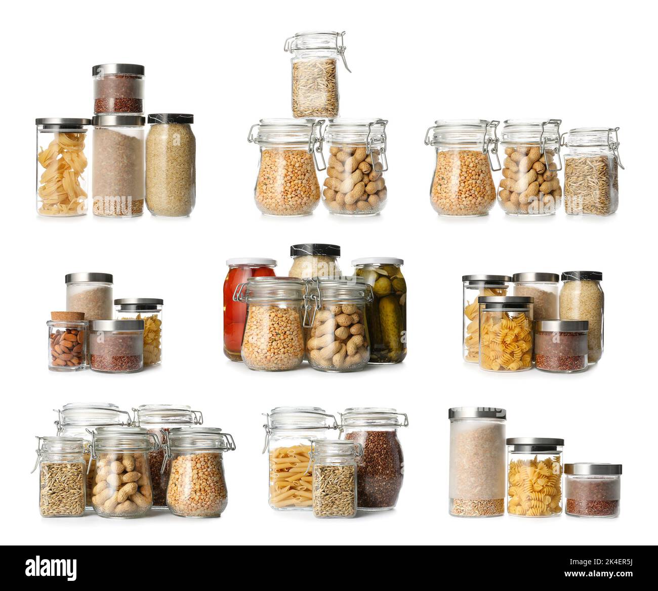 Group of glass jars with different raw products on white background ...