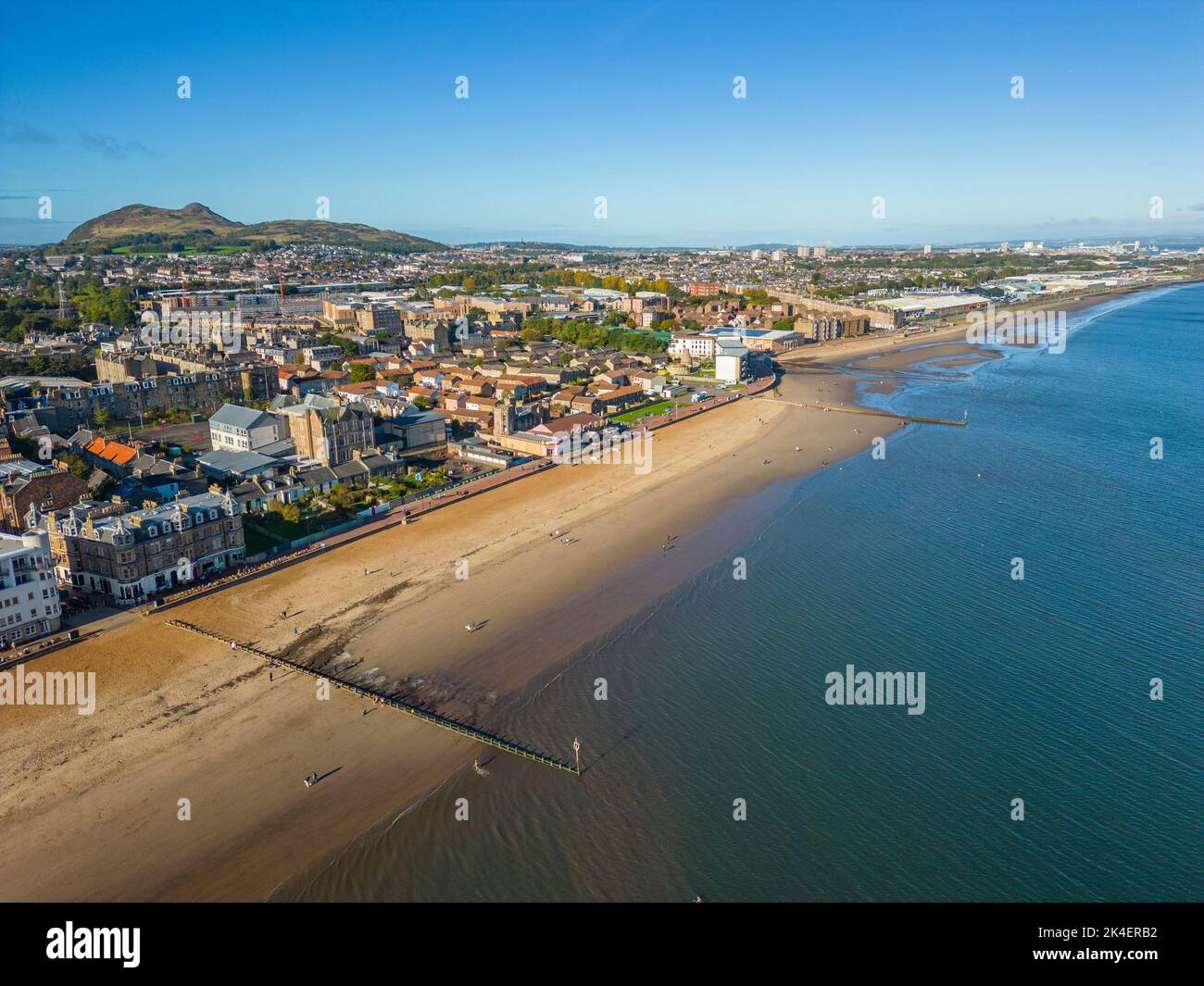 Aerial view of seafront and Portobello Beach in Edinburgh, Scotland, UK ...