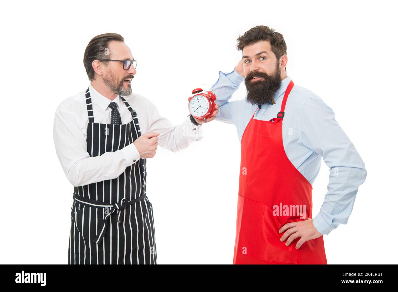 Man bearded hipster and mature chef apron white background. Start ...