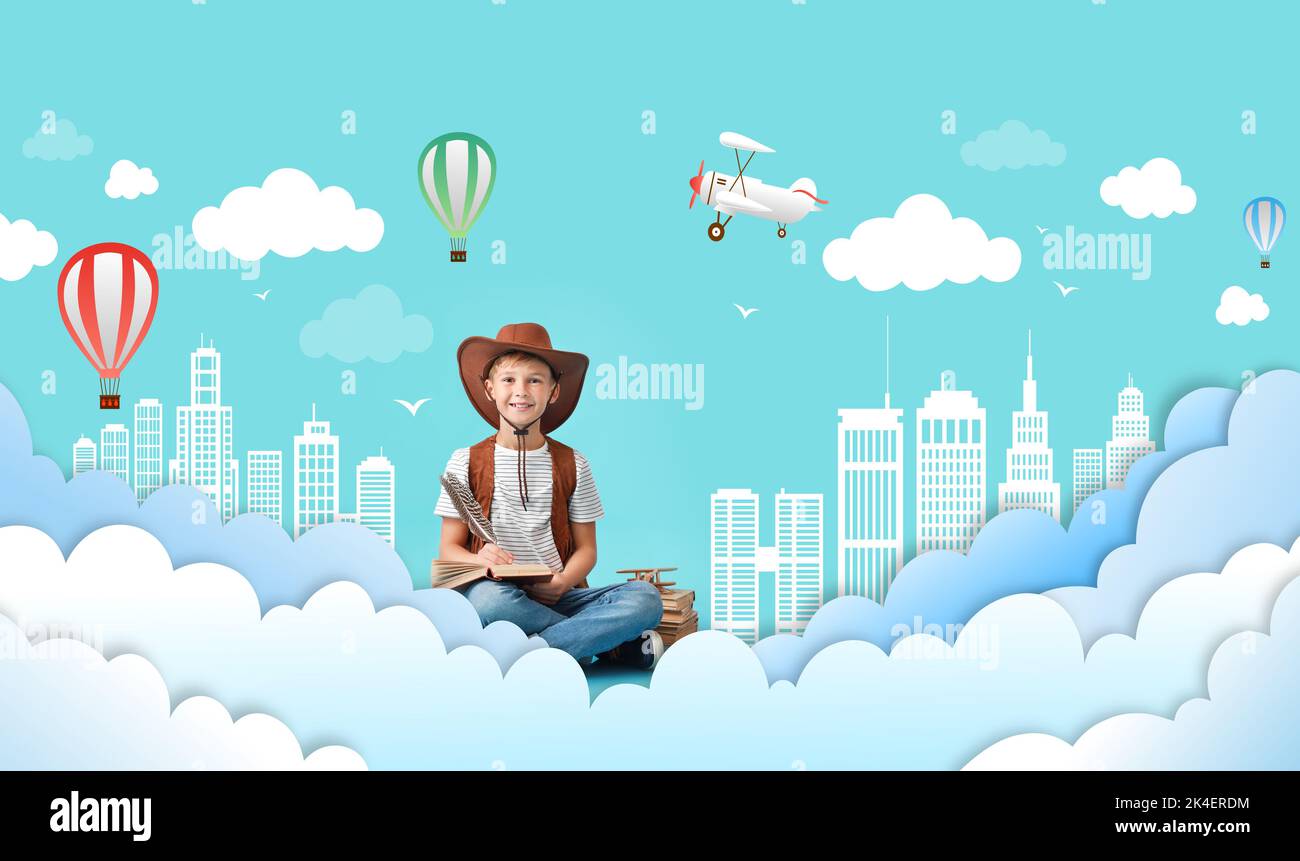 Cute little adventurer with books sitting on clouds in sky Stock Photo ...