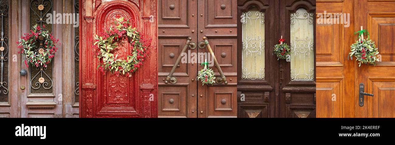 Collage of retro entrance doors with beautiful mistletoe branches ...