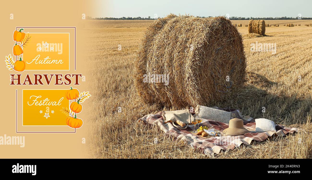 Picnic near haystack on wheat field. Autumn harvest festival Stock ...