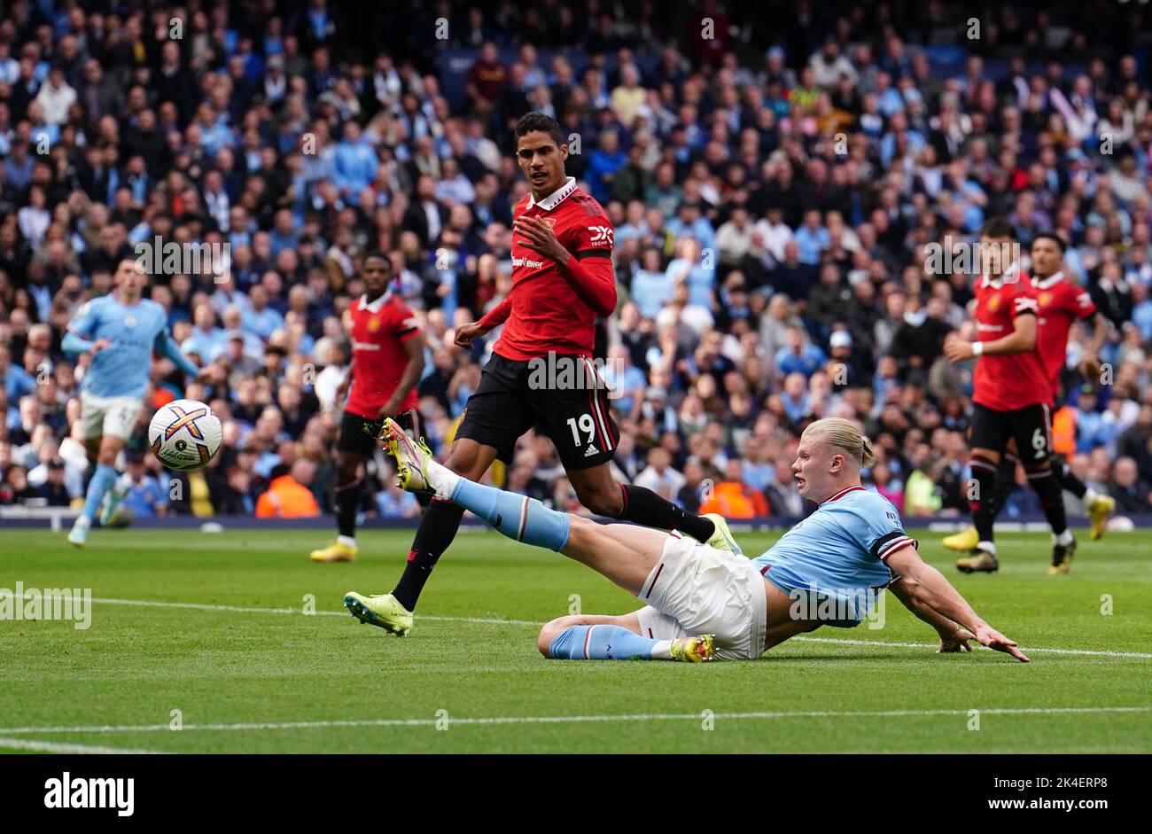 Manchester City's Erling Haaland scores their side's third goal of the game during the Premier ...