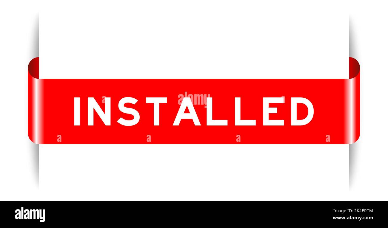 Red color inserted label banner with word installed on white background ...