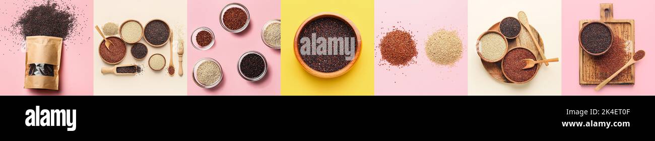 Collage of tasty raw quinoa on color background Stock Photo - Alamy
