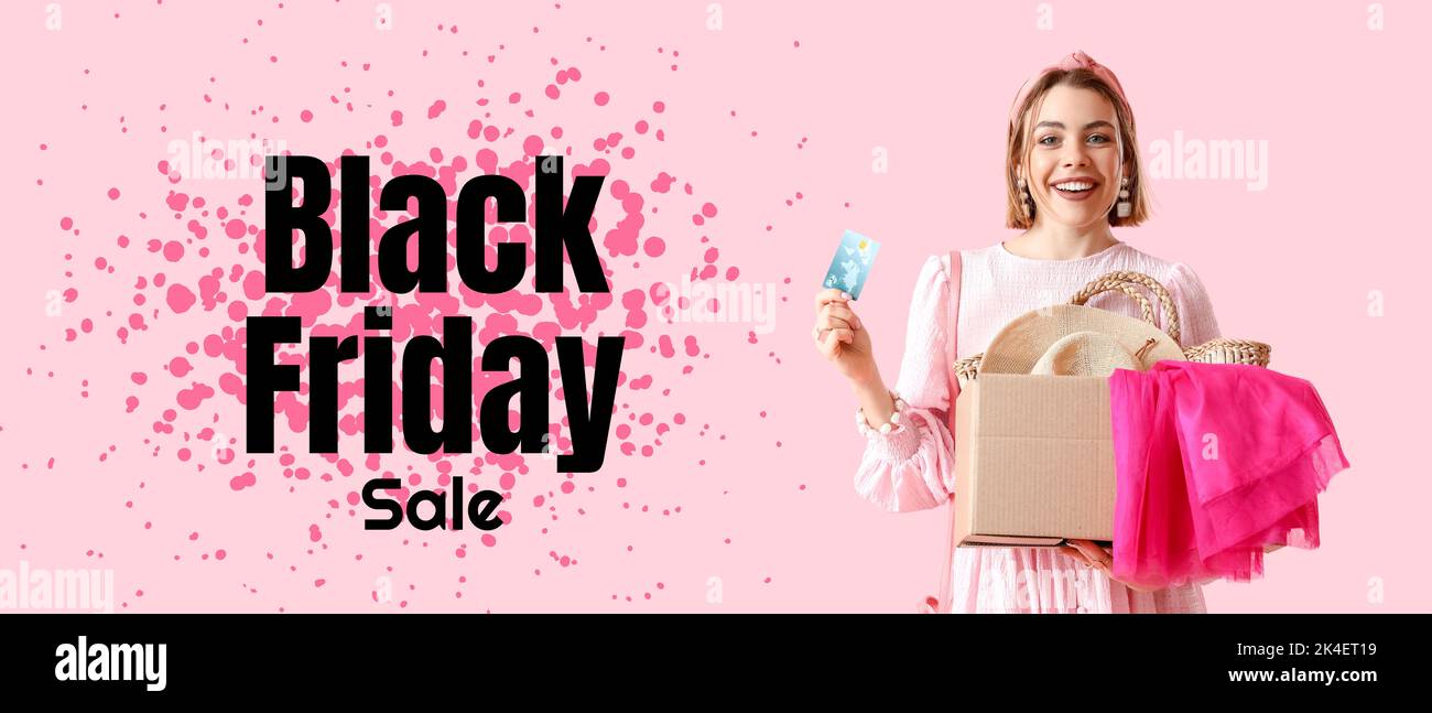 Happy young woman with credit card and parcel on pink background. Black ...