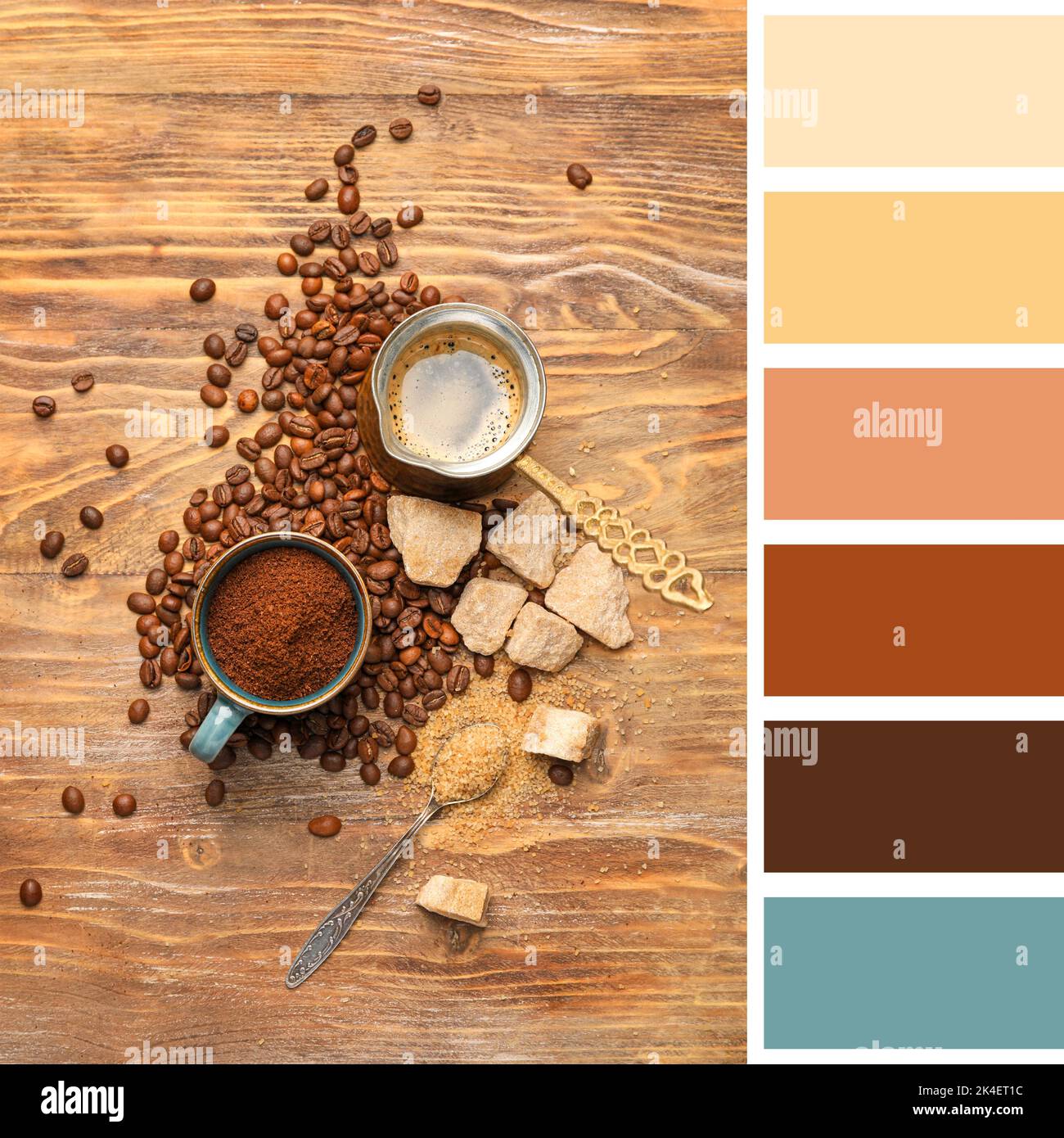 Cup with coffee powder, beans, jezve and sugar on wooden background ...