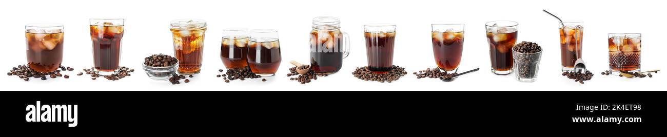 Collage of cold brew coffee on white background Stock Photo - Alamy