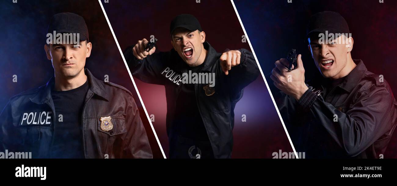 Collage with aggressive police officer holding gun on dark background ...