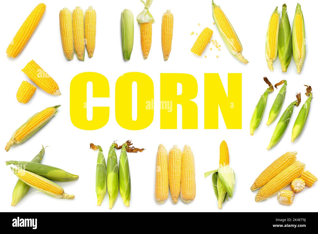 Collage with many corn cobs on white background Stock Photo - Alamy