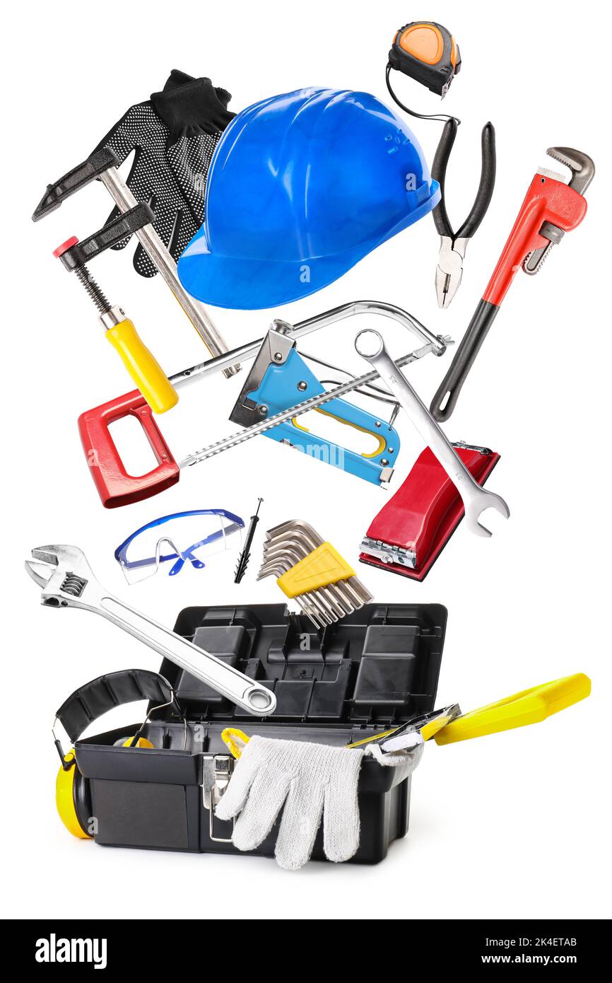 Bag with set of construction supplies on white background Stock Photo ...