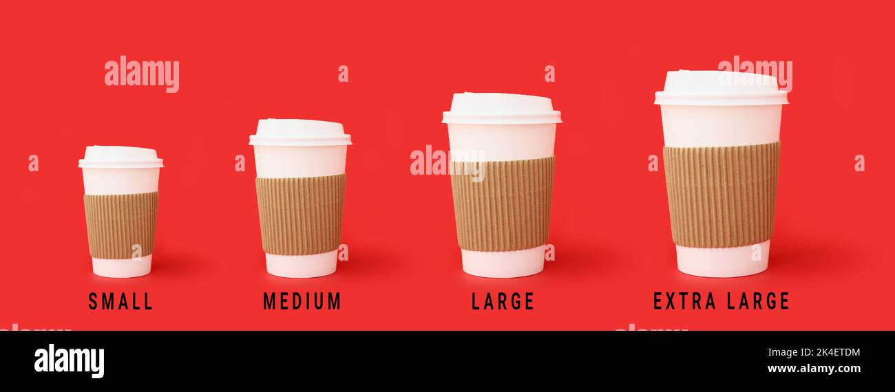 Different sized takeaway coffee cups on red background Stock Photo - Alamy