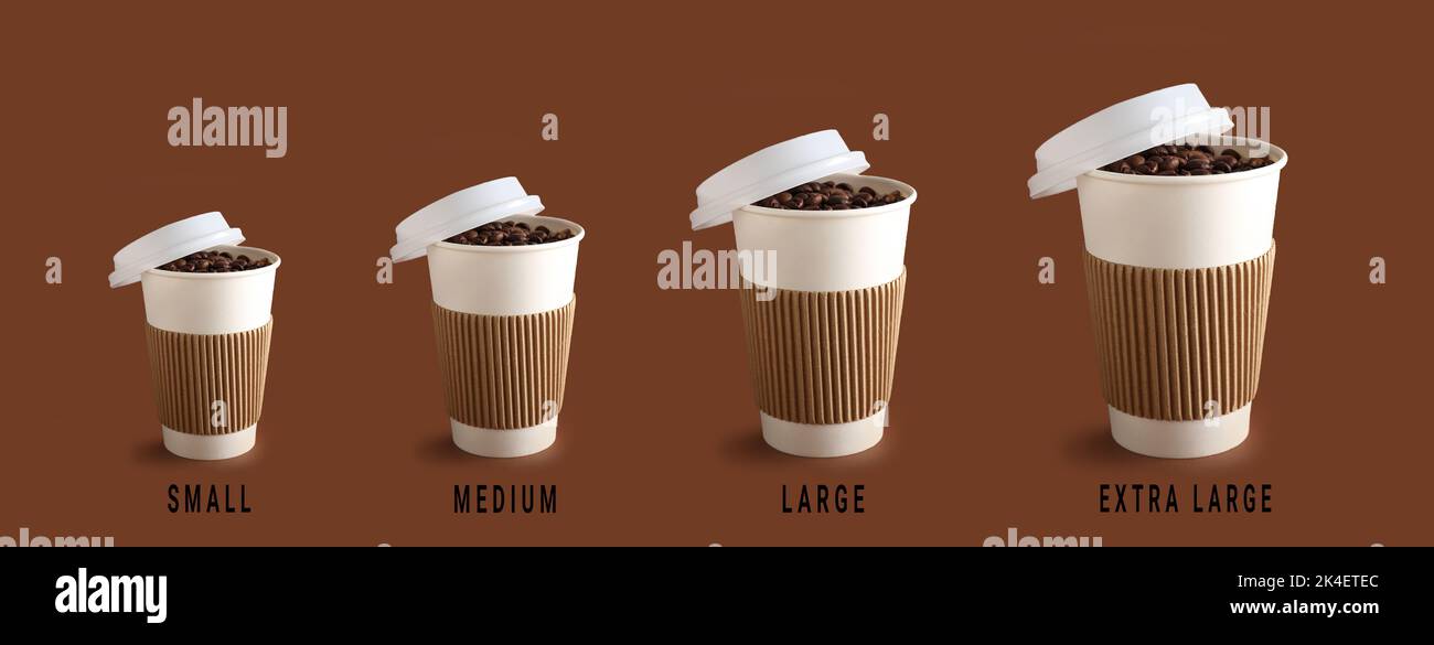 Different sized takeaway coffee cups on brown background Stock Photo ...