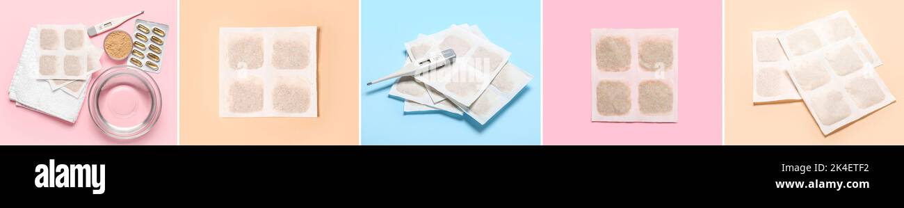 Collage of natural mustard plasters on color background Stock Photo - Alamy