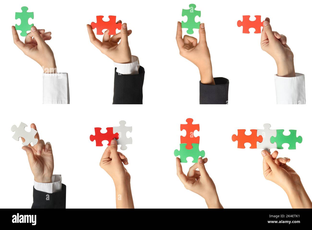 Group of female hands with puzzle pieces on white background Stock ...