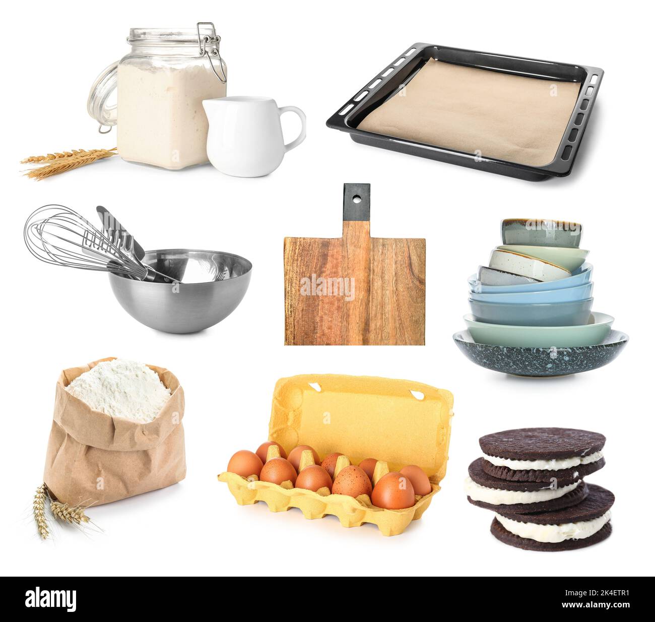 Collage of kitchen utensils with products on white background Stock ...