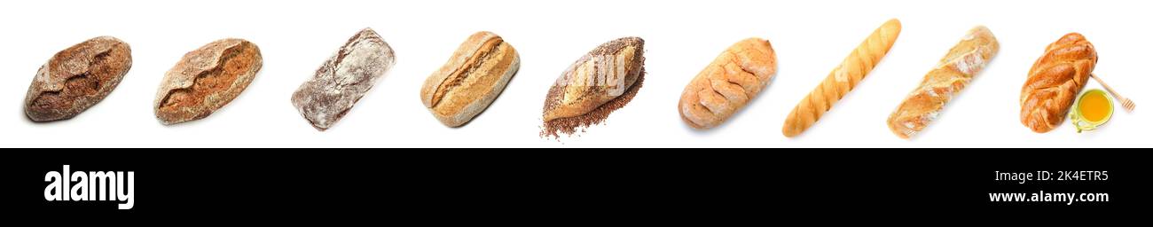 Collage of crusty loaves of bread on white background Stock Photo - Alamy