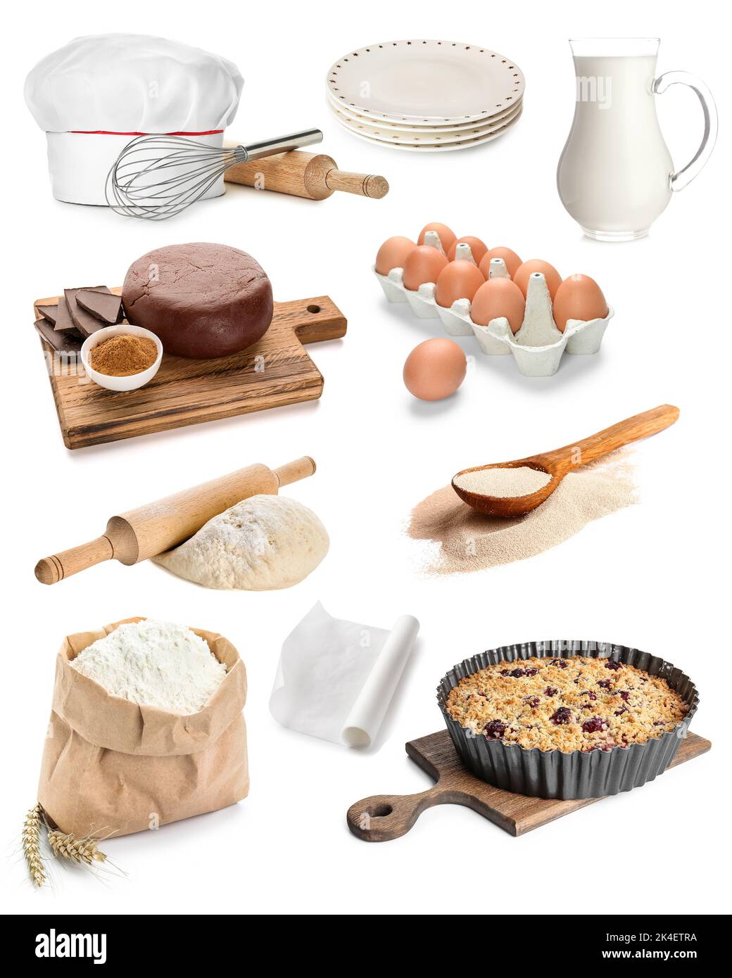 Collage of kitchen utensils with chef's hat, products and pie on white ...