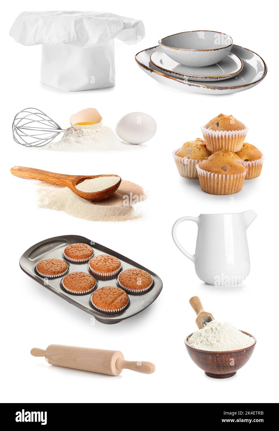 Collage of kitchen utensils with chef's hat, products and muffins on ...