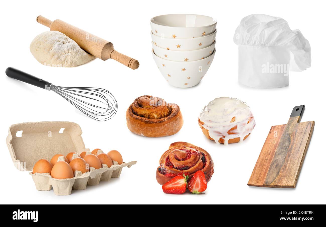 Collage of kitchen utensils with chef's hat, products and buns on white ...