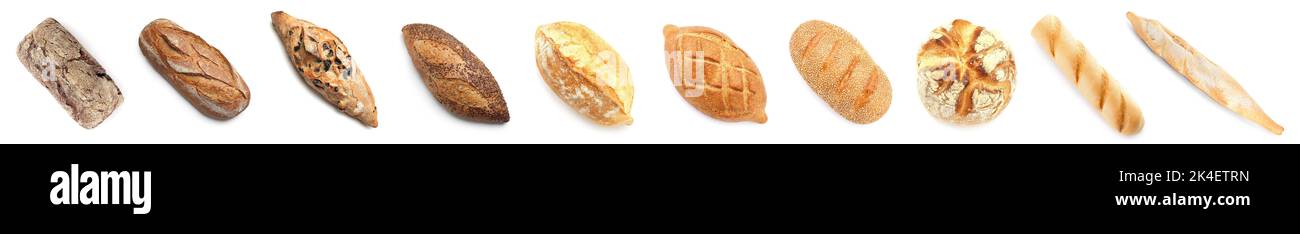 Collage of crunchy loaves of bread on white background Stock Photo - Alamy