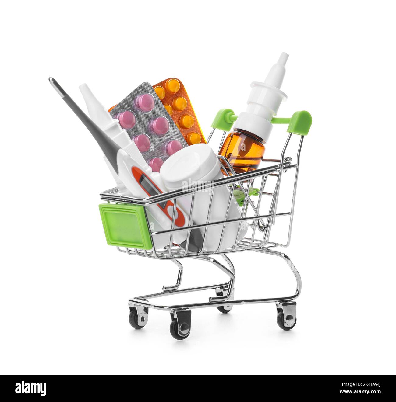 Green shopping cart with medications on white background Stock Photo ...