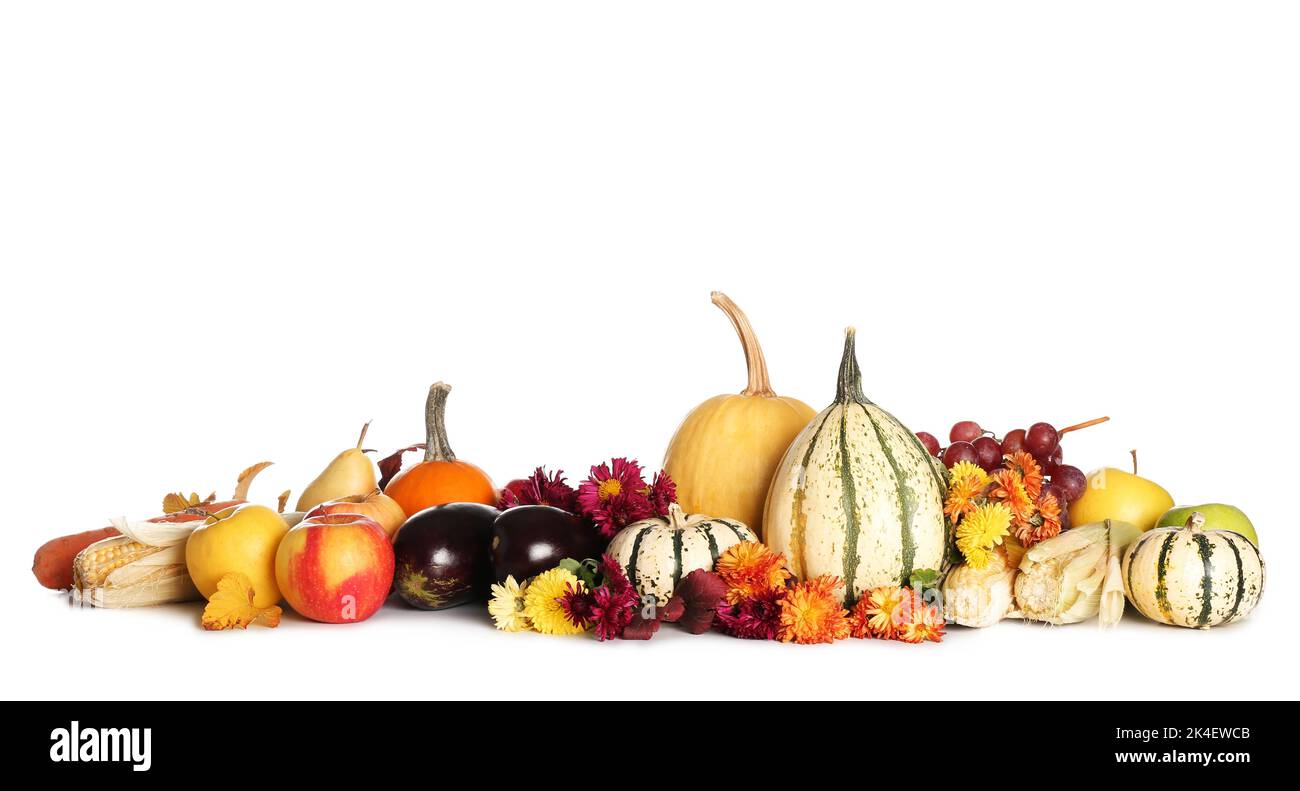 Composition with fresh vegetables, fruits and chrysanthemum flowers on ...