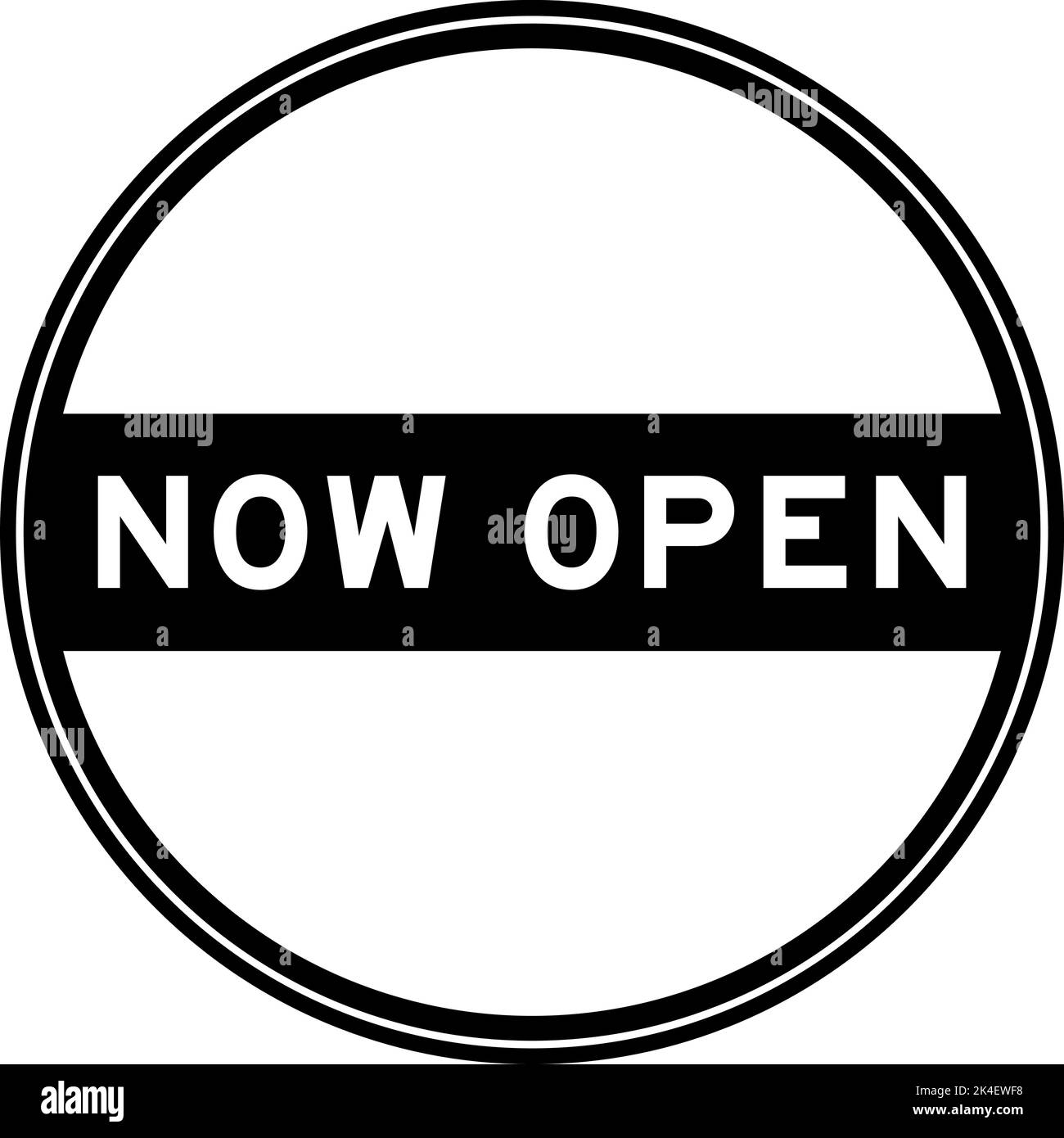 Black color round seal sticker in word now open on white background ...