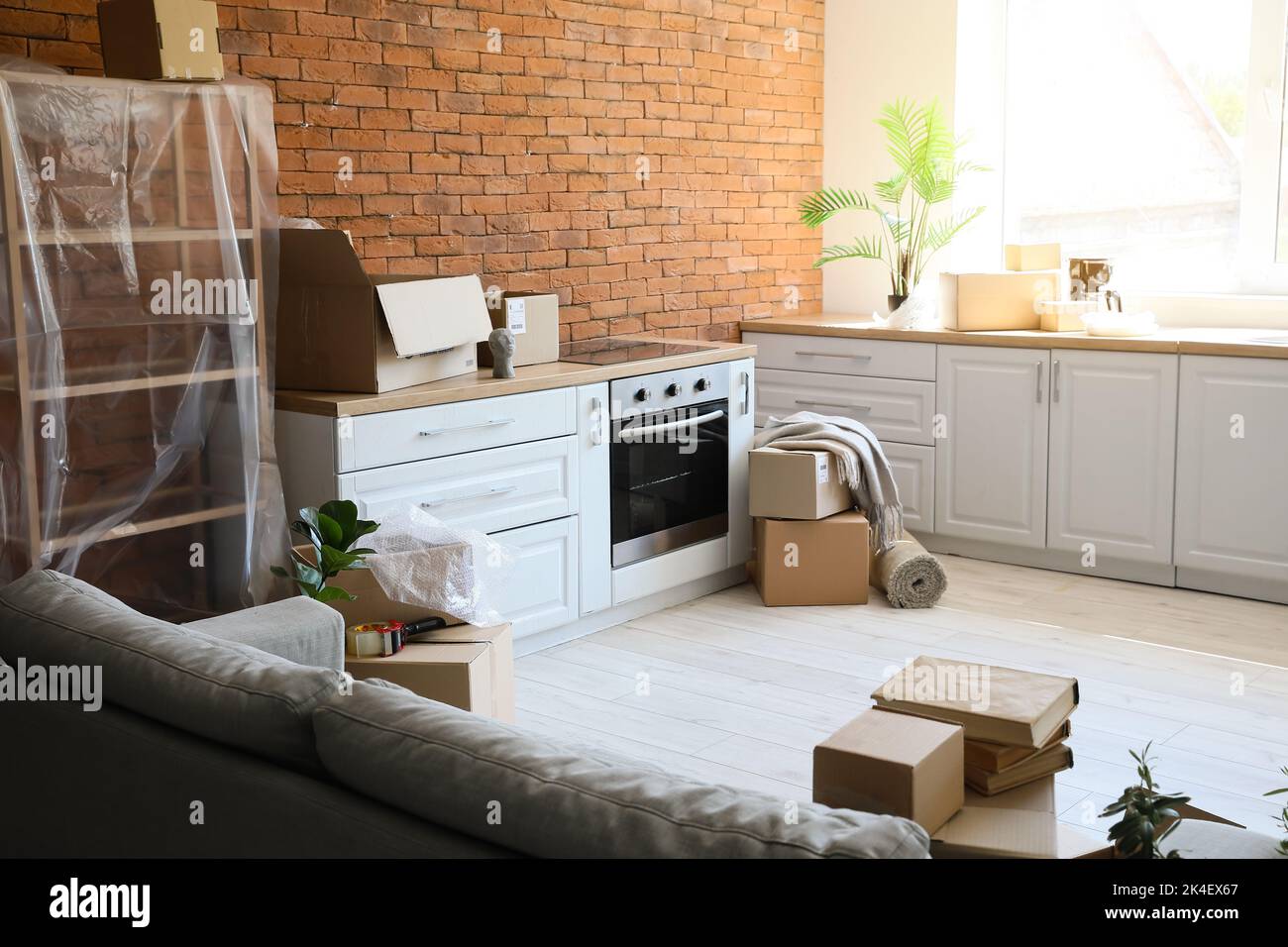 Cardboard boxes in modern kitchen on moving day Stock Photo - Alamy
