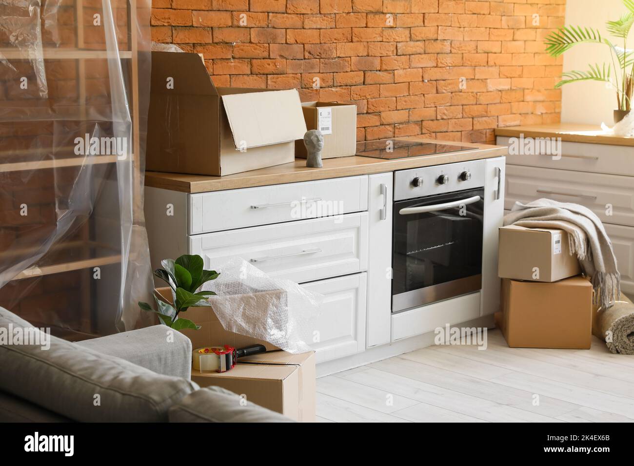 Cardboard boxes in modern kitchen on moving day Stock Photo - Alamy