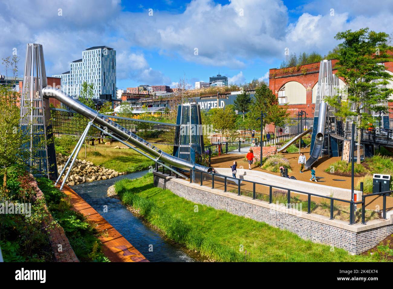 Children's play area in Mayfield Park, based around the river Medlock ...