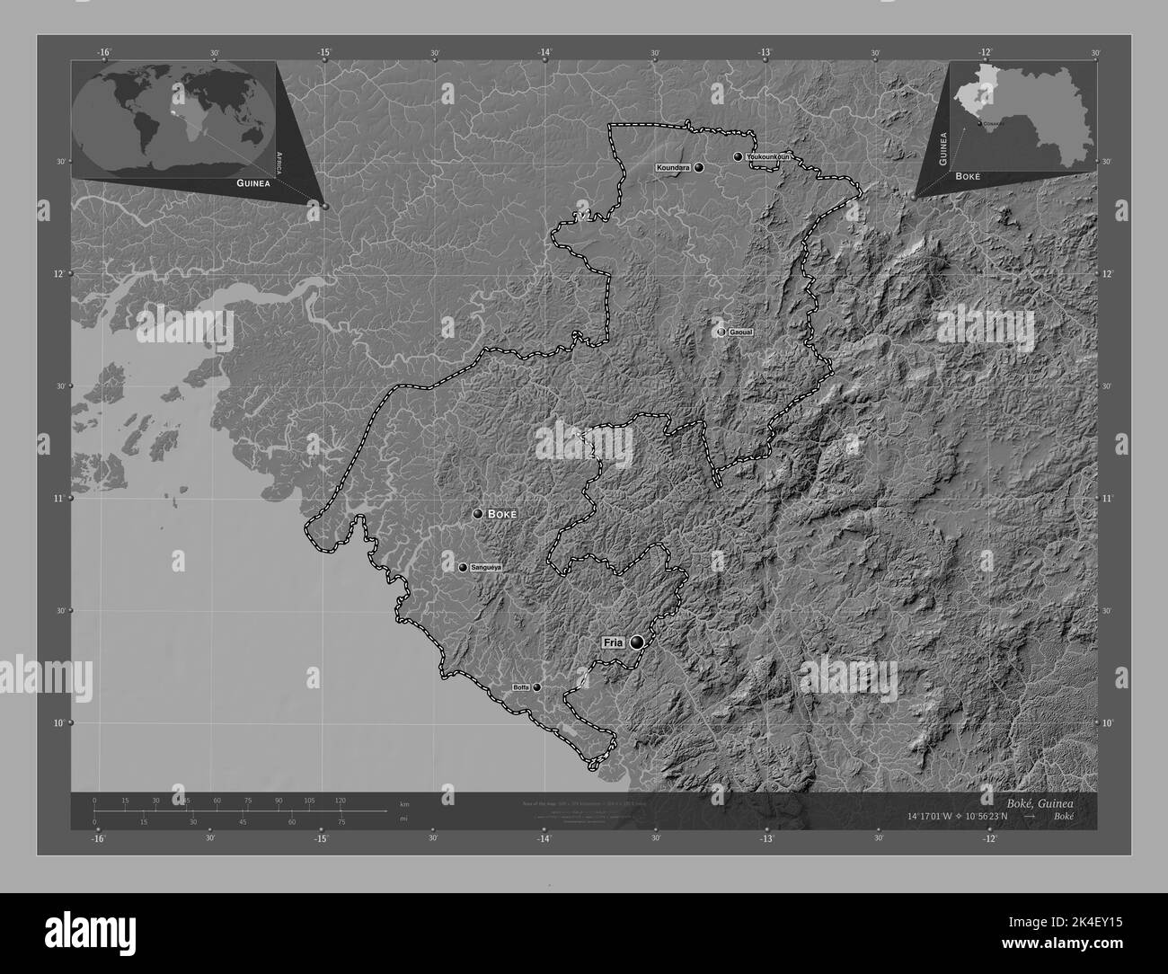 Boke, region of Guinea. Bilevel elevation map with lakes and rivers ...