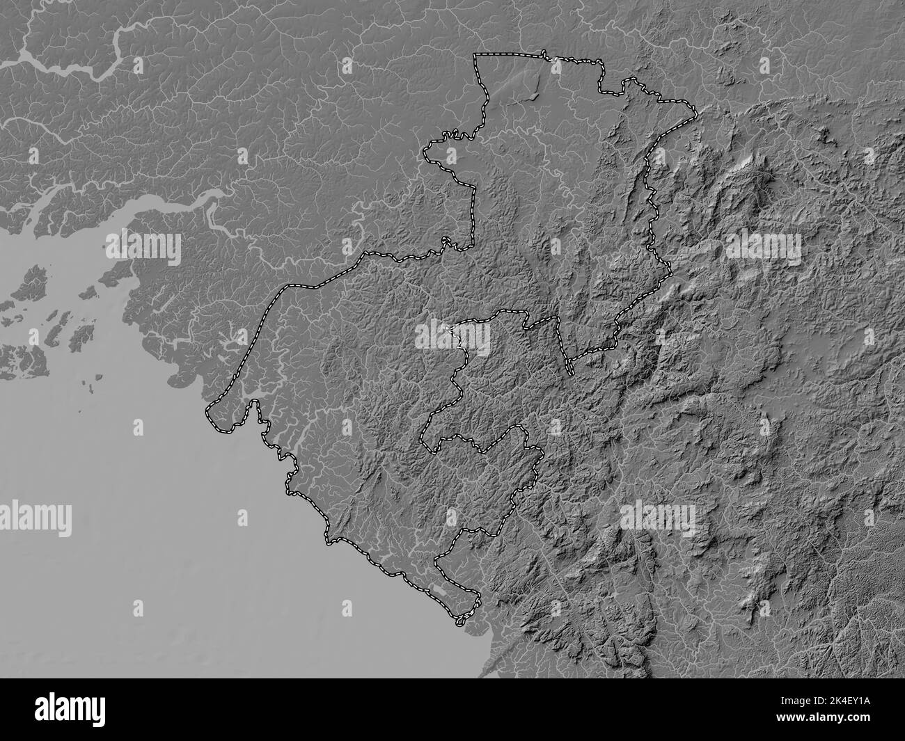 Boke, region of Guinea. Bilevel elevation map with lakes and rivers ...