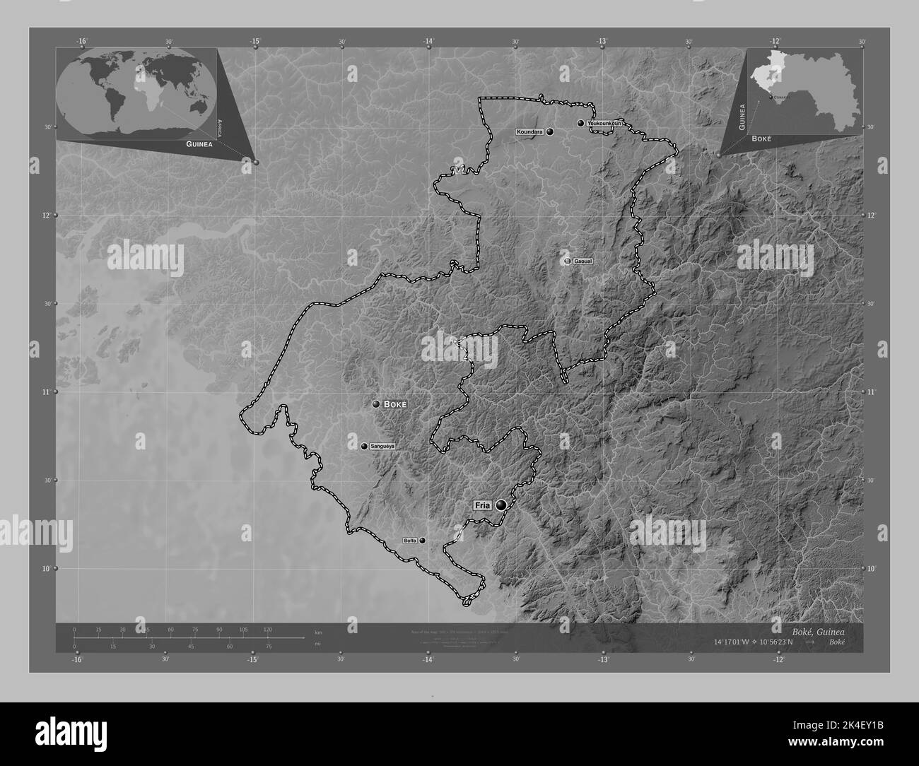 Boke, region of Guinea. Grayscale elevation map with lakes and rivers ...