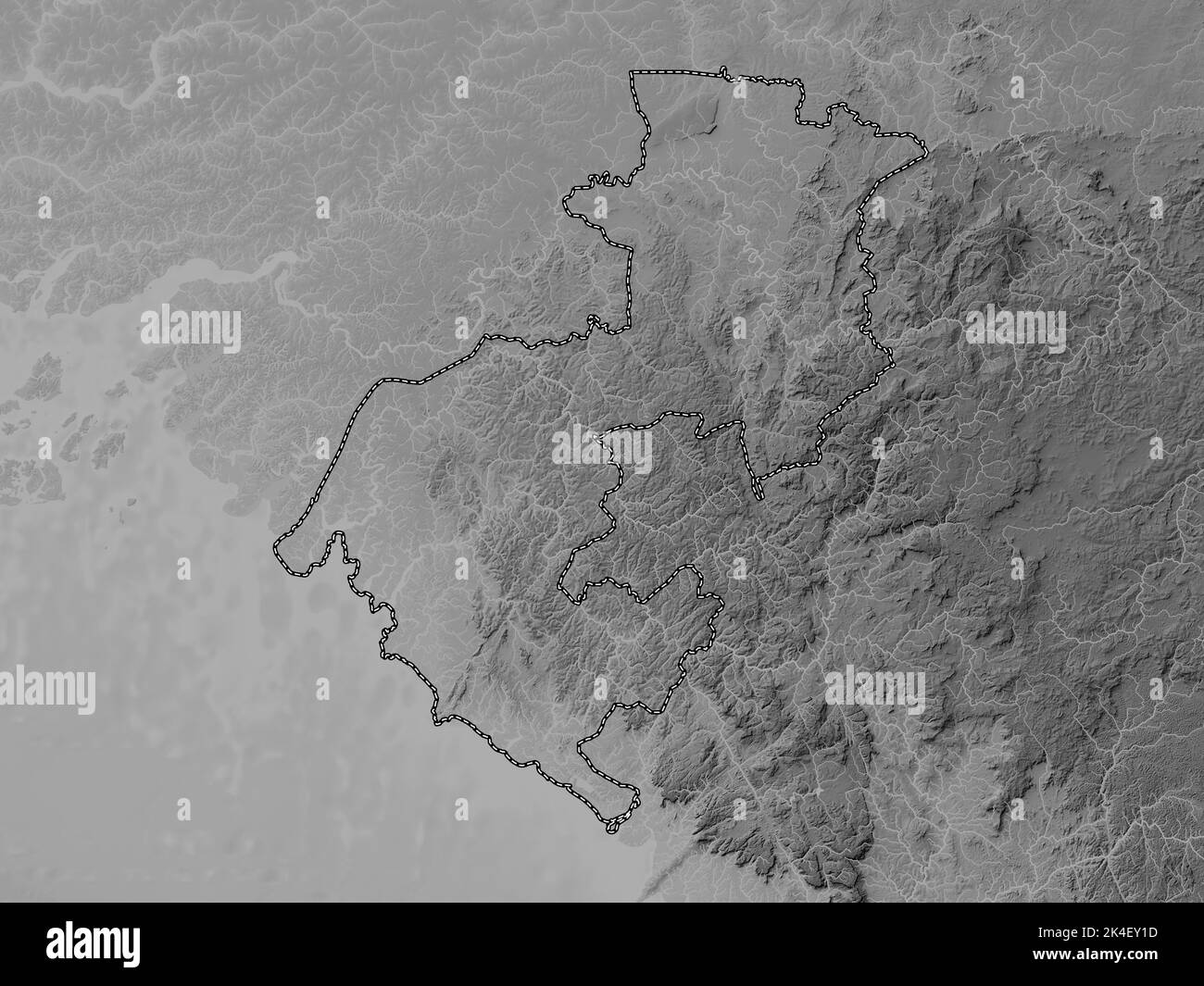 Boke, region of Guinea. Grayscale elevation map with lakes and rivers ...
