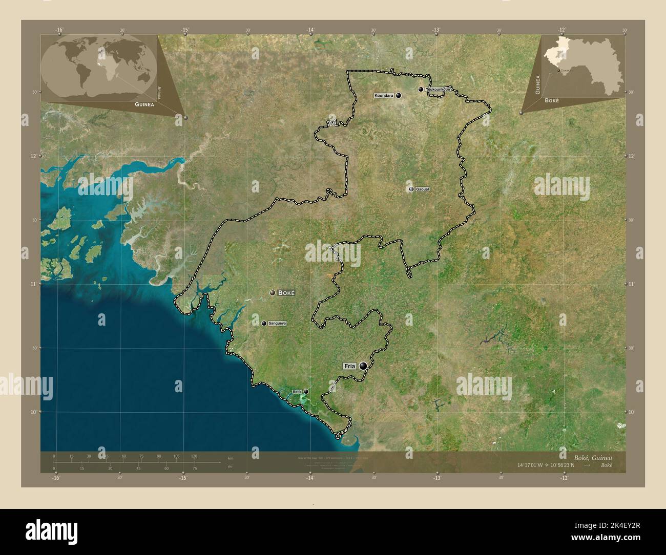 Boke, region of Guinea. High resolution satellite map. Locations and ...