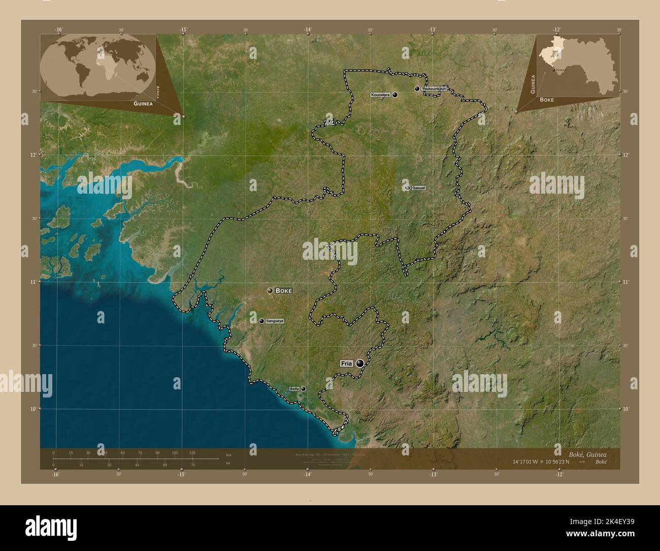 Boke, region of Guinea. Low resolution satellite map. Locations and ...