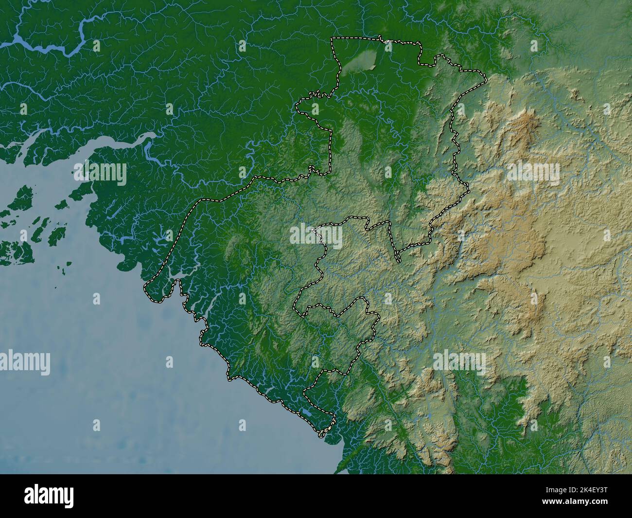 Boke, region of Guinea. Colored elevation map with lakes and rivers ...