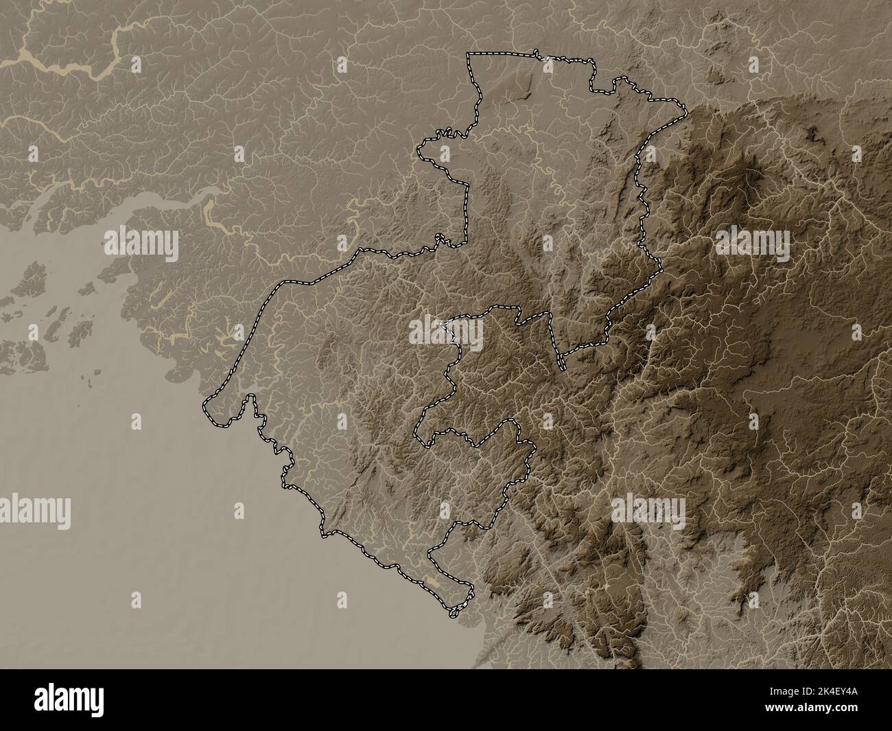 Boke, region of Guinea. Elevation map colored in sepia tones with lakes ...