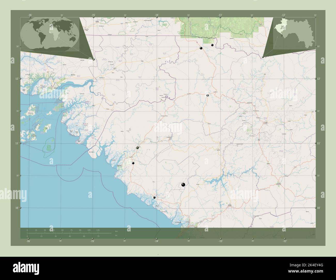 Boke, region of Guinea. Open Street Map. Locations of major cities of ...