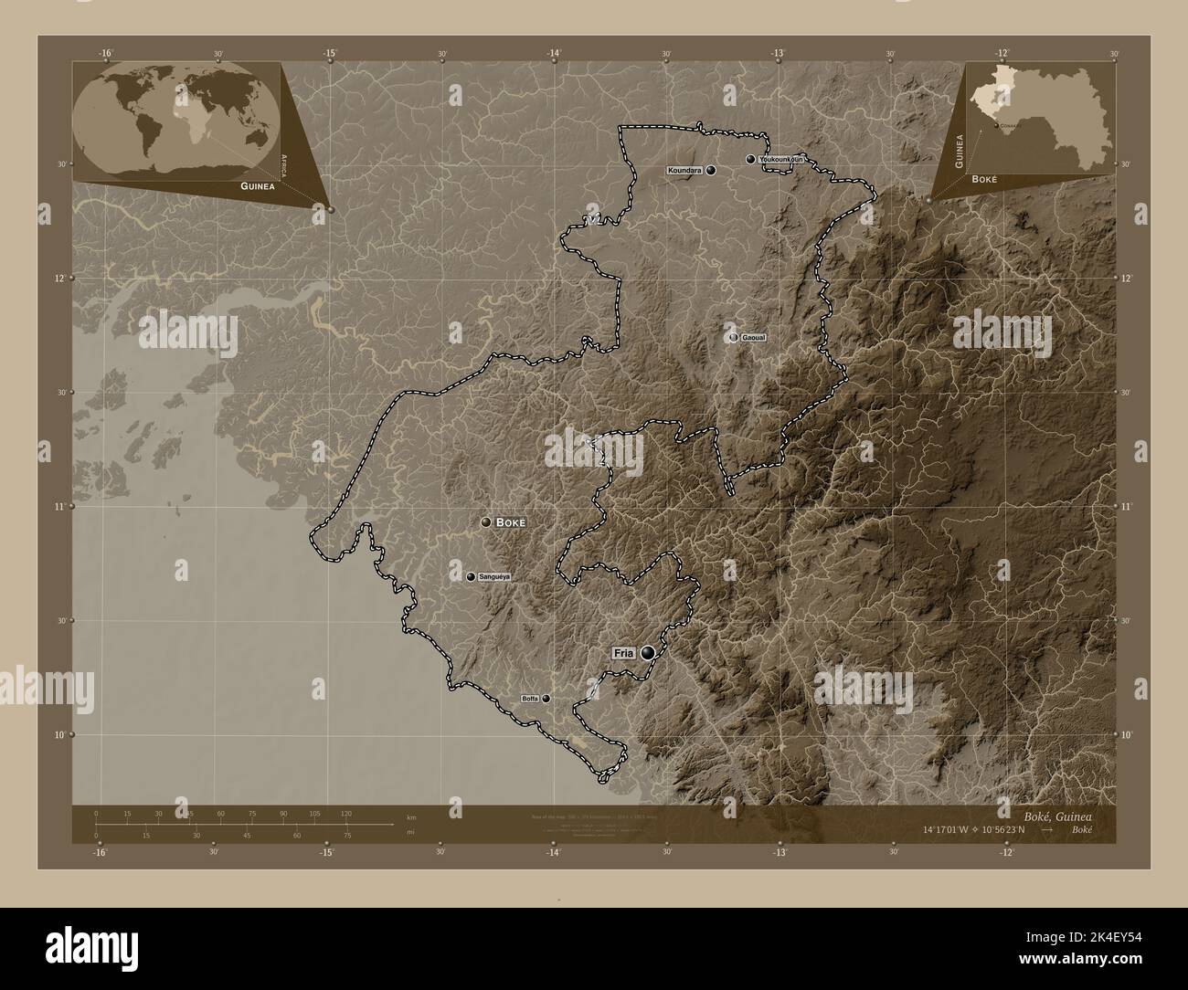 Boke, region of Guinea. Elevation map colored in sepia tones with lakes ...