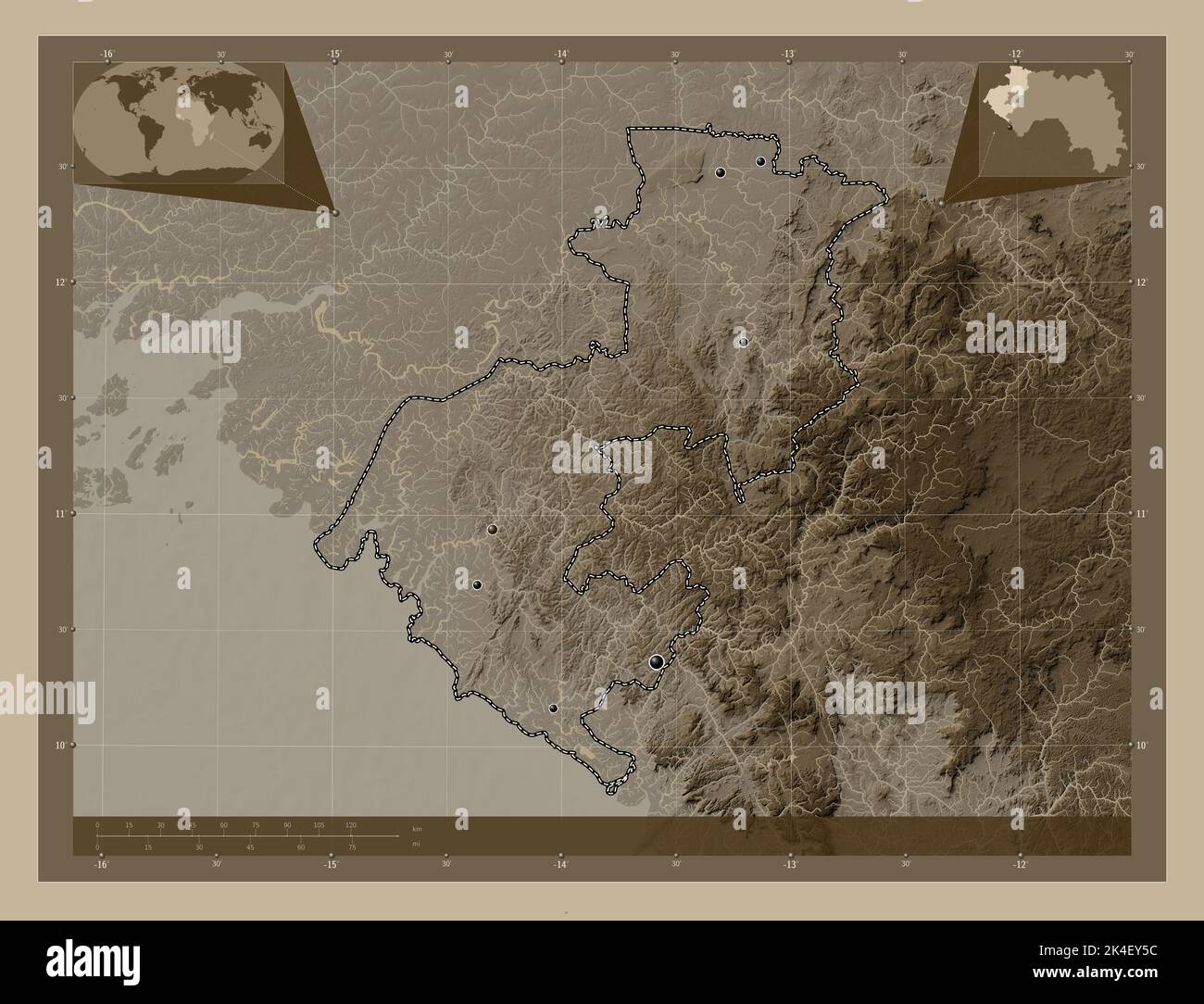 Boke, region of Guinea. Elevation map colored in sepia tones with lakes and rivers. Locations of ...