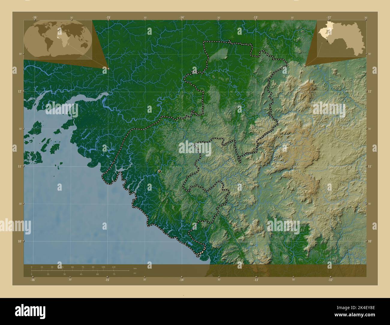 Boke, region of Guinea. Colored elevation map with lakes and rivers ...