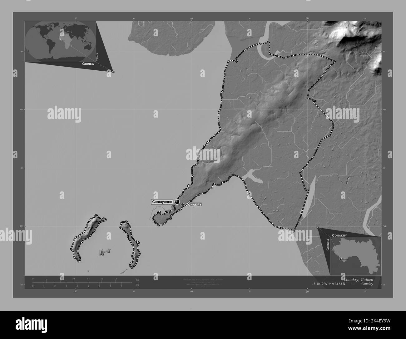 Conakry, region of Guinea. Bilevel elevation map with lakes and rivers ...
