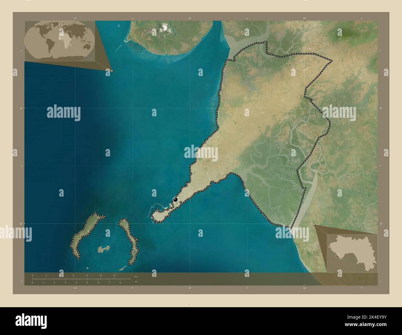 Conakry, region of Guinea. High resolution satellite map. Locations of ...